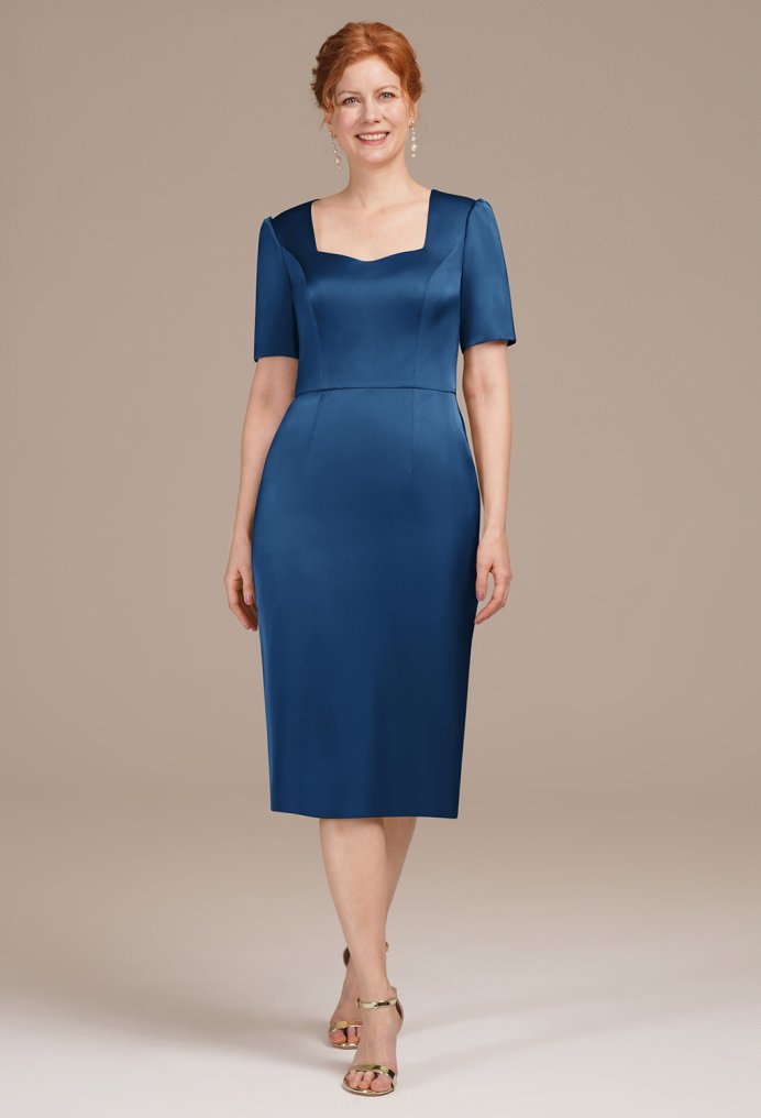 AW Penrose Dress, Navy Satin Charmeuse Ankle Length Straight Neckline Mother of the Bride ...